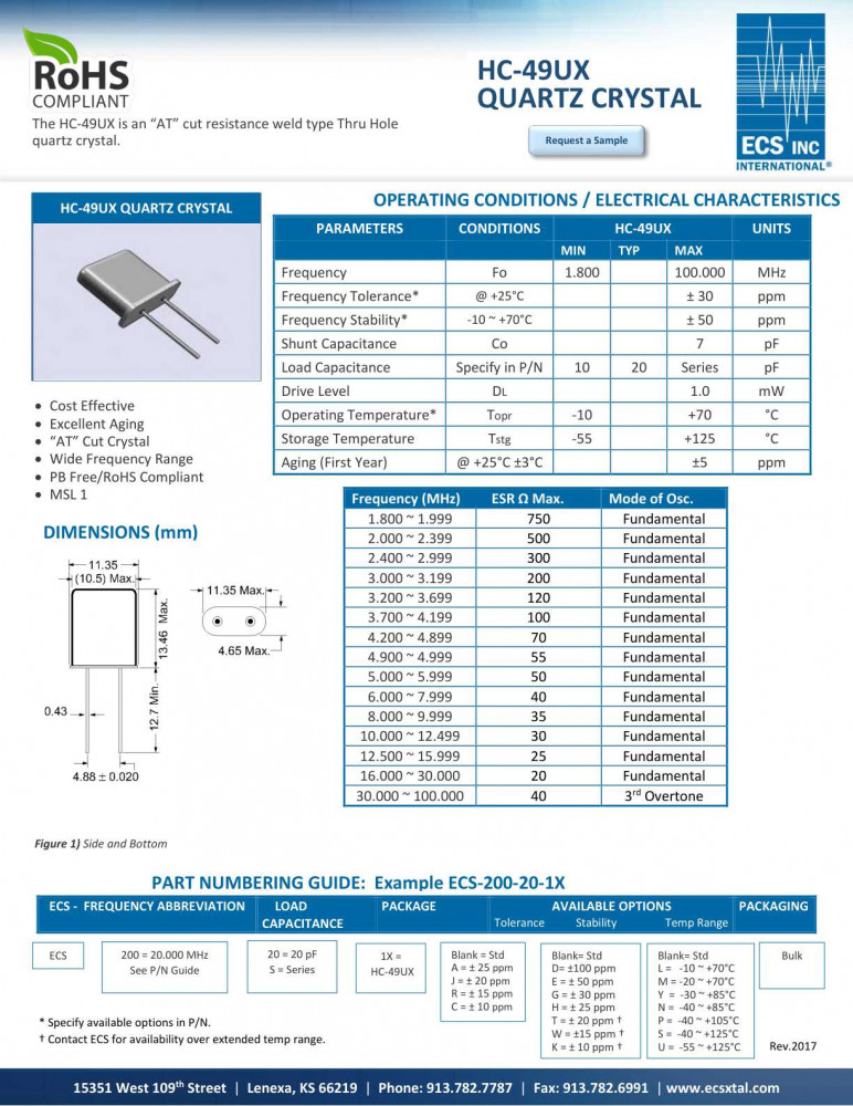 ECS HC-49UX quartz crystal datasheet page 1