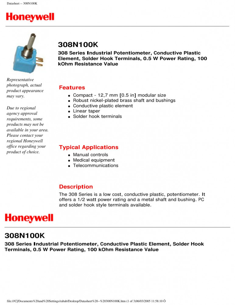 308N100K technical document page 1