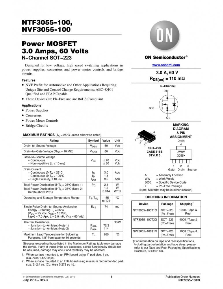 NTF3055-100T1G datasheet page 1