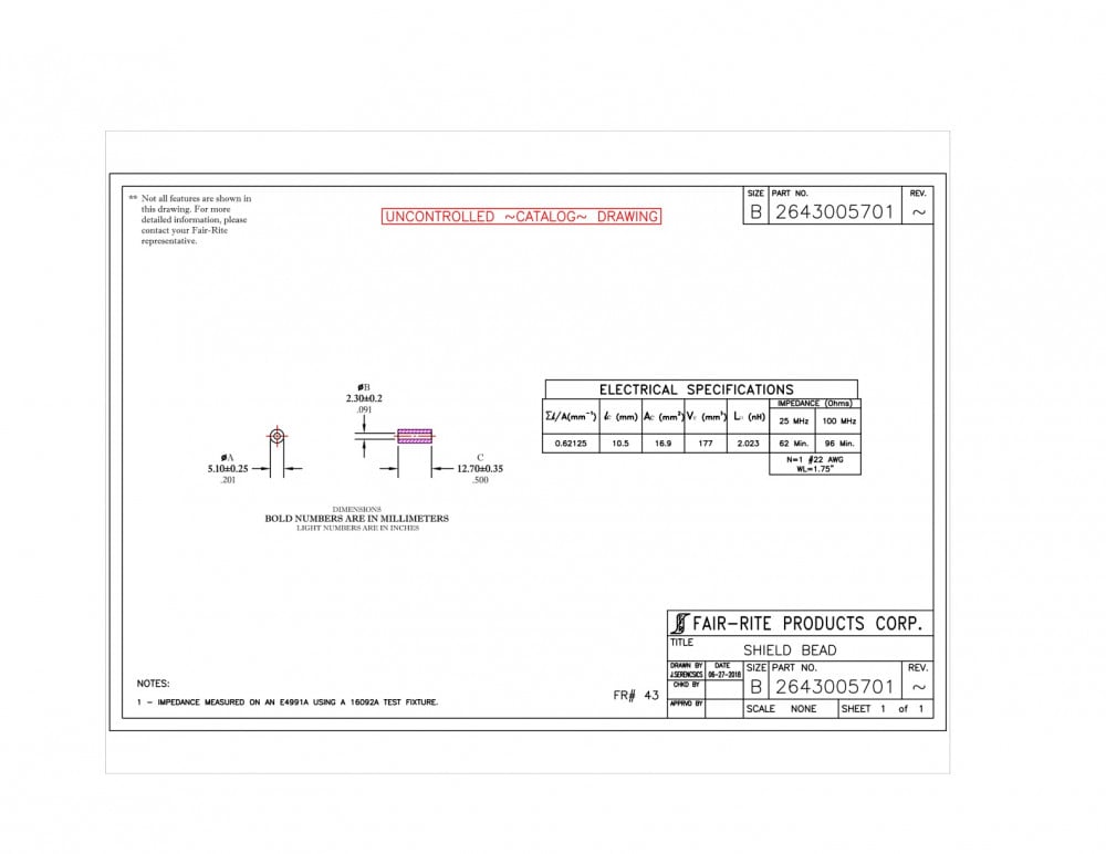Fair-Rite 2643005701 technical document preview