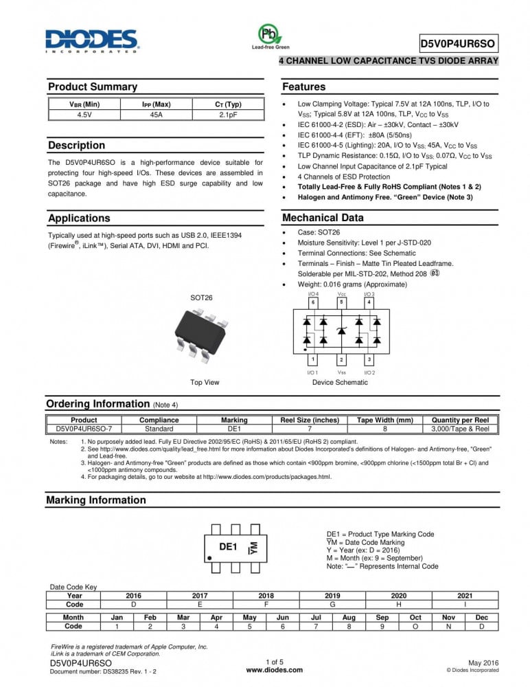 D5V0P4UR6SO-7 datasheet page 1