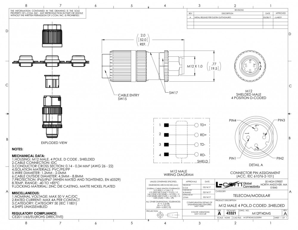 L-com M12FT4DMS technical drawing