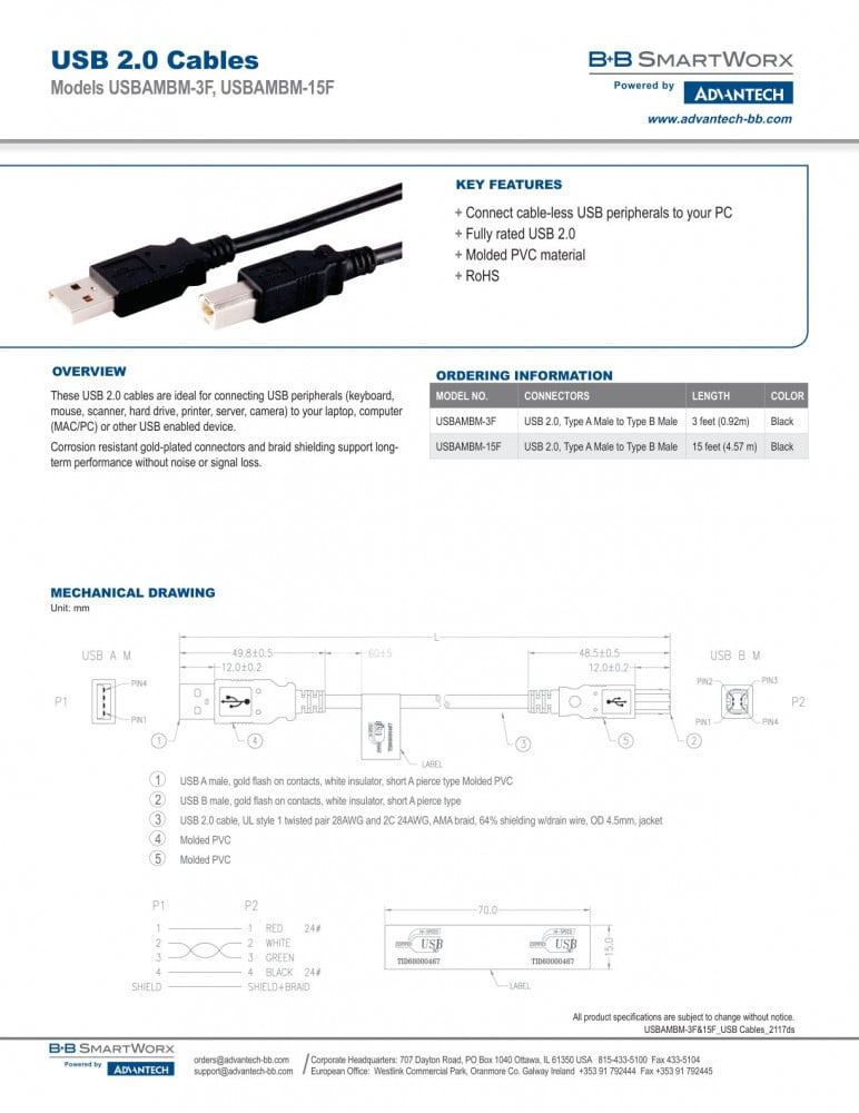 ADVANTECH BB-USBAMBM-3F USB 2.0 cable technical document