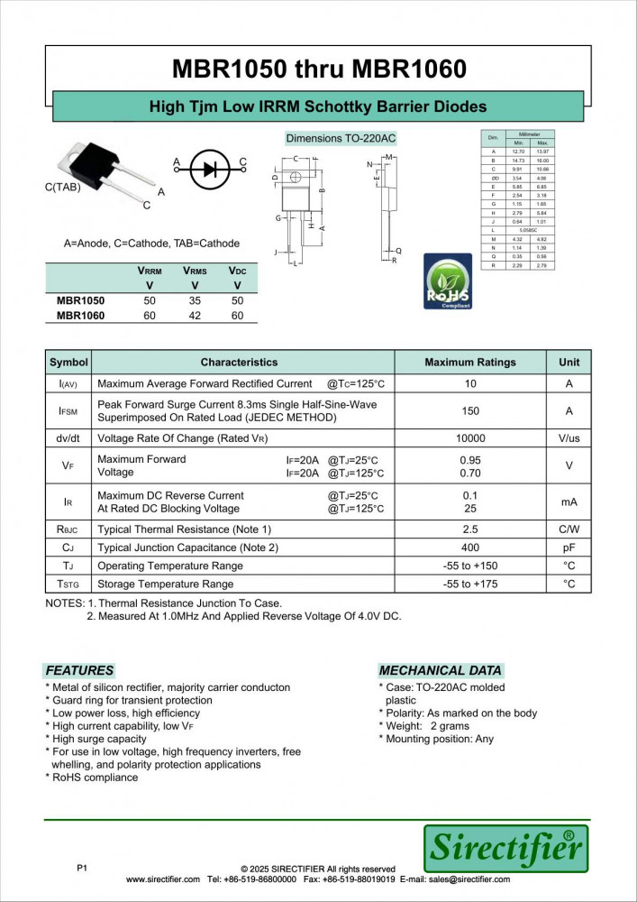 MBR1050 datasheet page 1