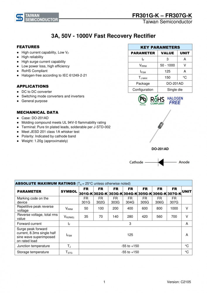 FR301G-K datasheet page 1