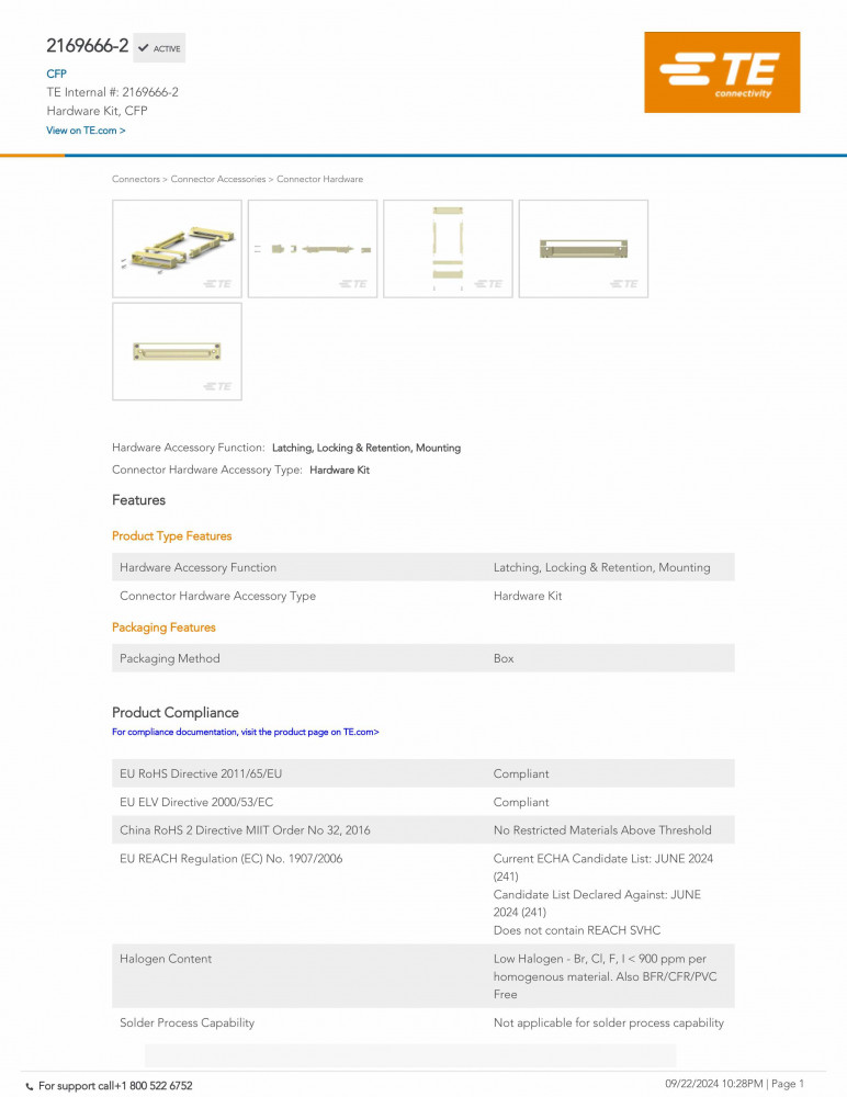 TE Connectivity 2169666-2 product document page 1