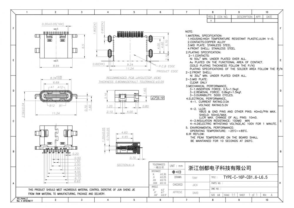 CAX TYPE-C-16P-CB1.6-L6.5 technical drawing