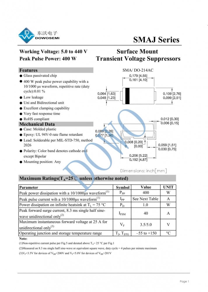 DOWO SMAJ series datasheet page 1