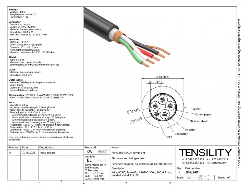 Tensility International 30-03401 cable product drawing