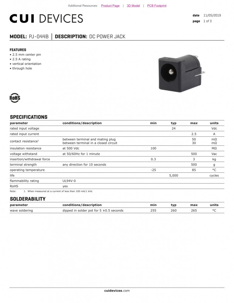 CUI PJ-044B datasheet page 1