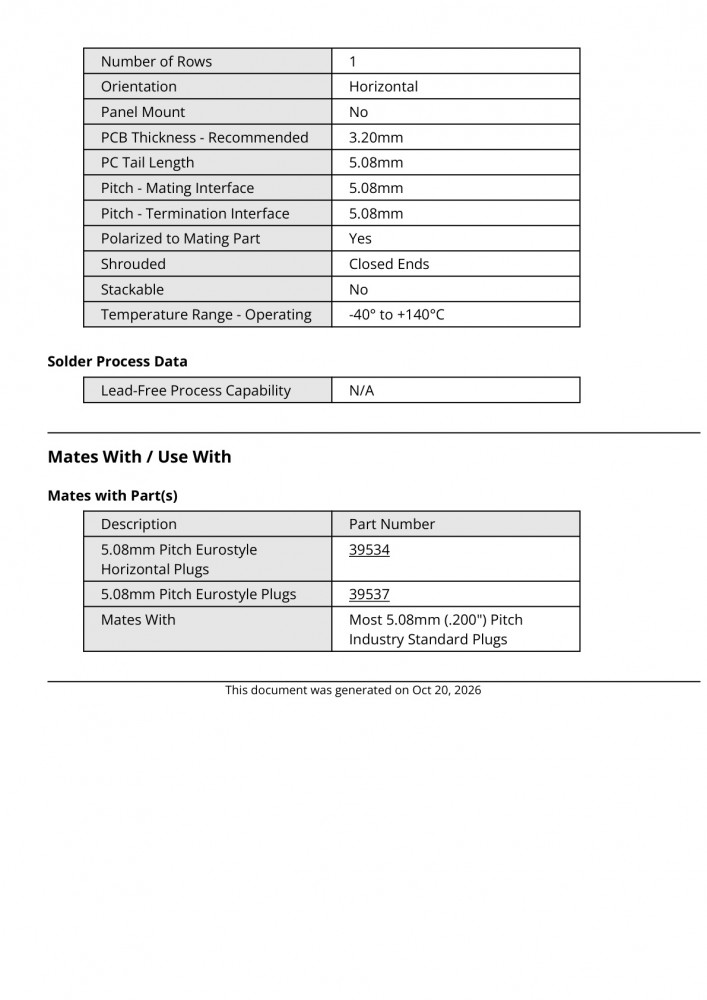ESE Eurostyle terminal block specification document, additional page