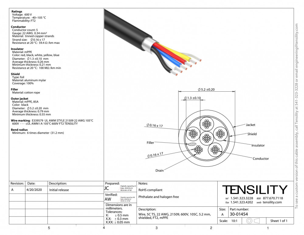 Tensility International 30-01454 product drawing showing shielded five-conductor cable construction and dimensions