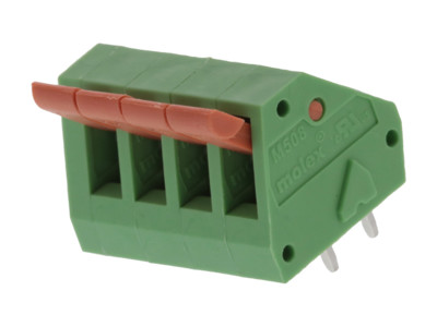 5.08mm Pitch, Eurostyle Fixed-Mount Push-Button Terminal Block, 45° Modular, 18A, 26-14 AWG, Green, 4 Circuits for sale