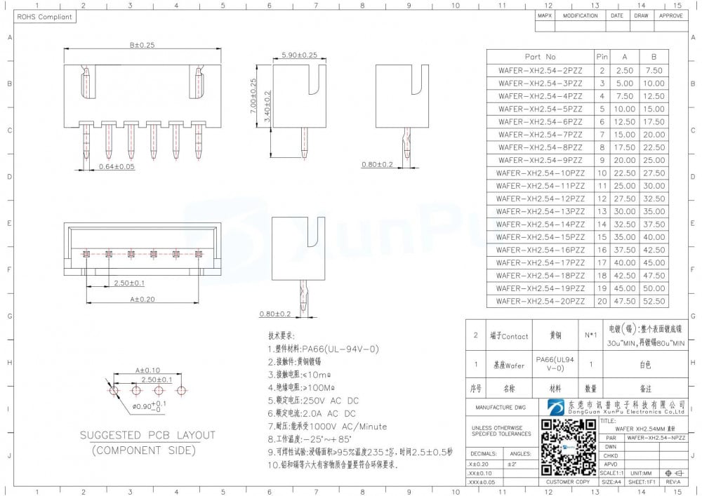 WAFER-XH2.54-2PZZ technical drawing