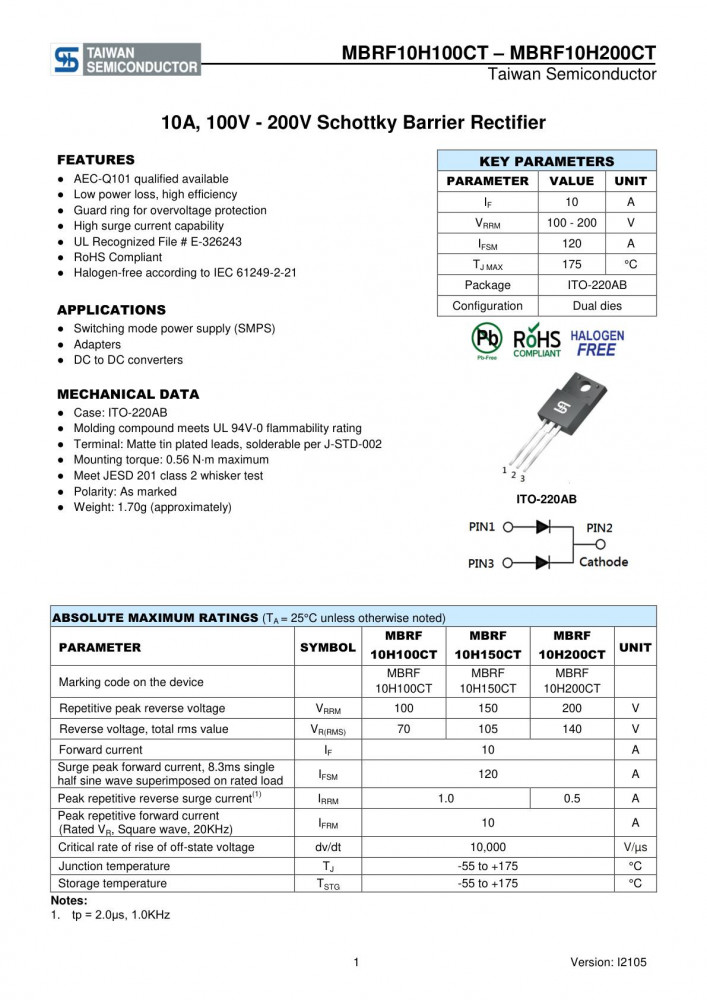 MBRF10H100CT datasheet page 1