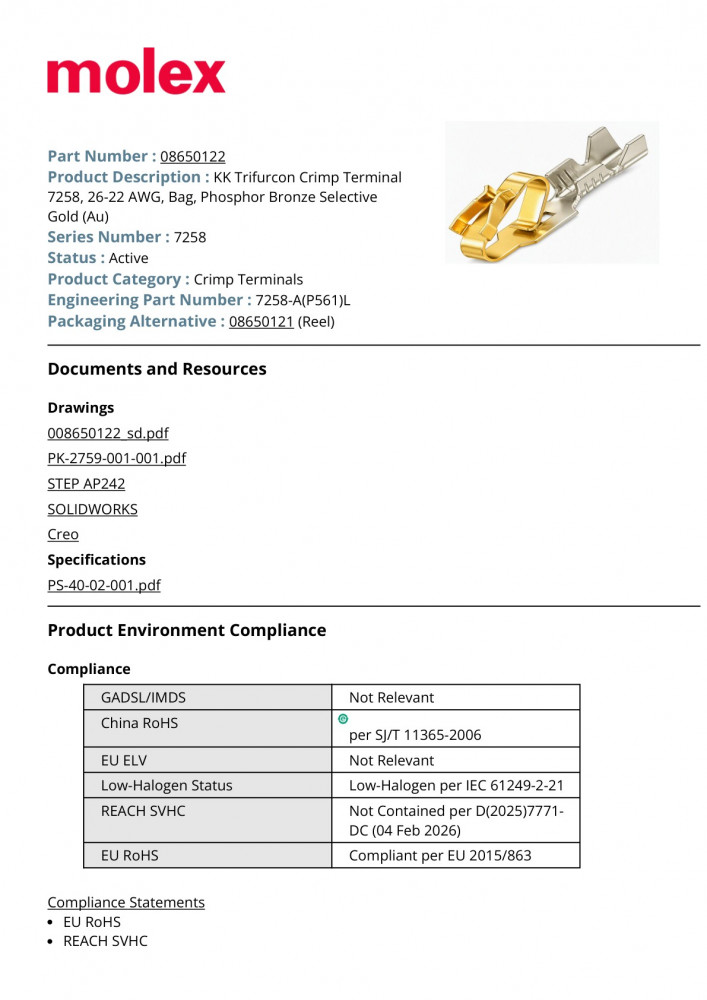 Molex connector specification document preview, page 1