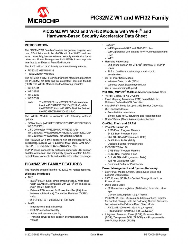 PIC32MZ W1 datasheet page 1