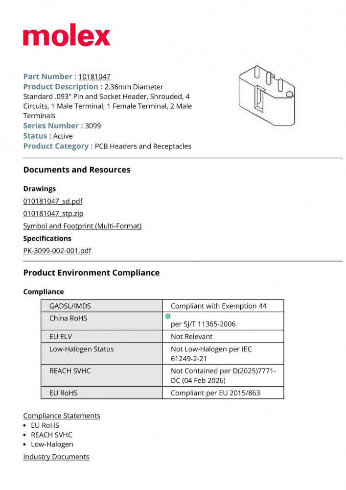 Technical document page 1 for MOLEX 10181047