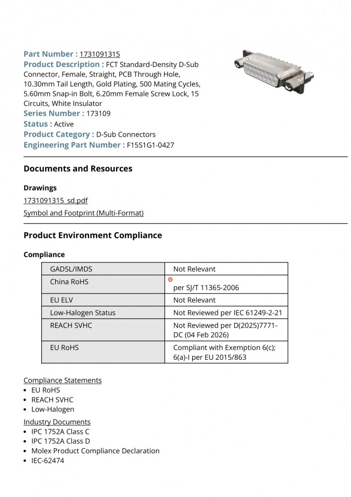 MOLEX 1731091315 product drawing preview, page 1