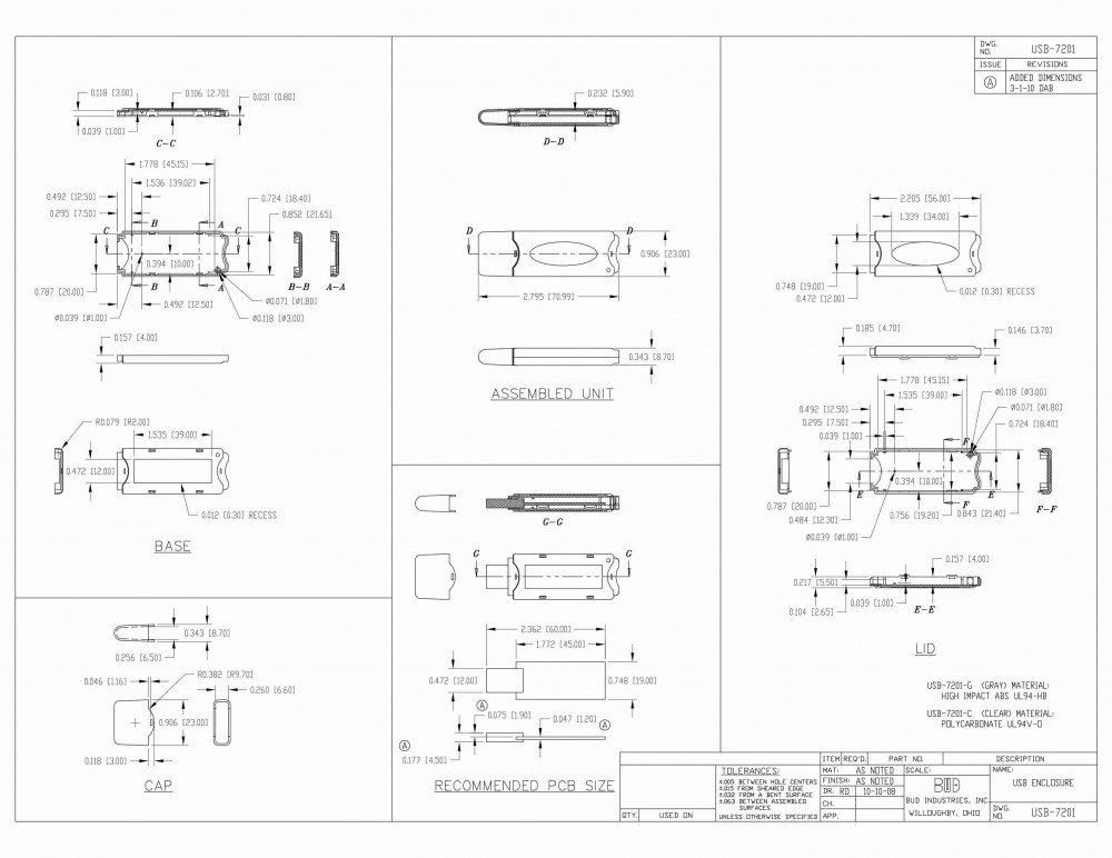 Bud Industries USB-7201 enclosure drawing showing mechanical views and PCB guidance