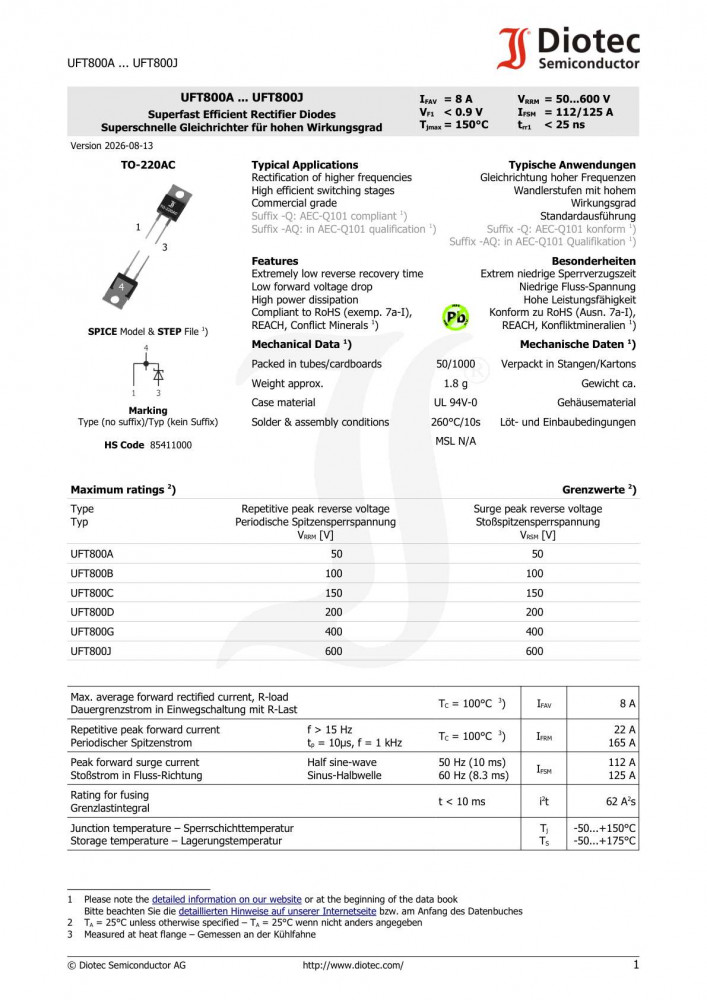 DIOTEC UFT800 series datasheet page 1