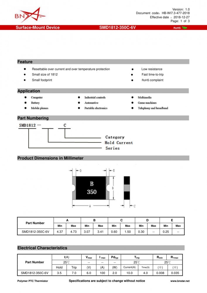 BNstar SMD1812-350C-6V datasheet page 1