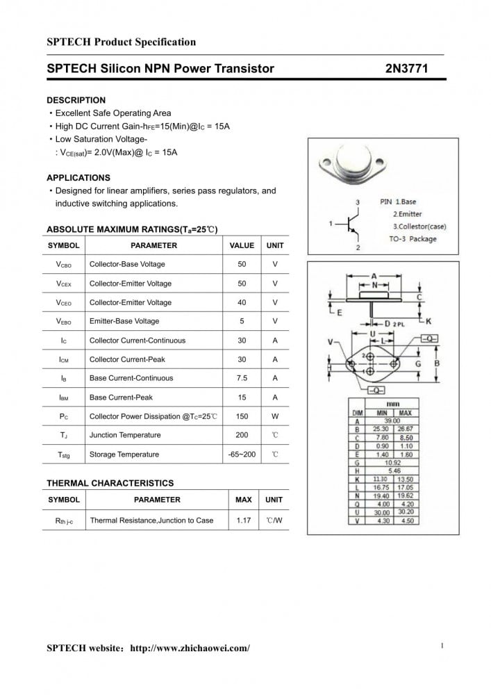 SPTECH 2N3771 datasheet page 1