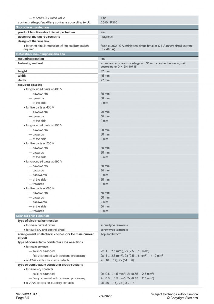 3RV20211BA15 datasheet page 3
