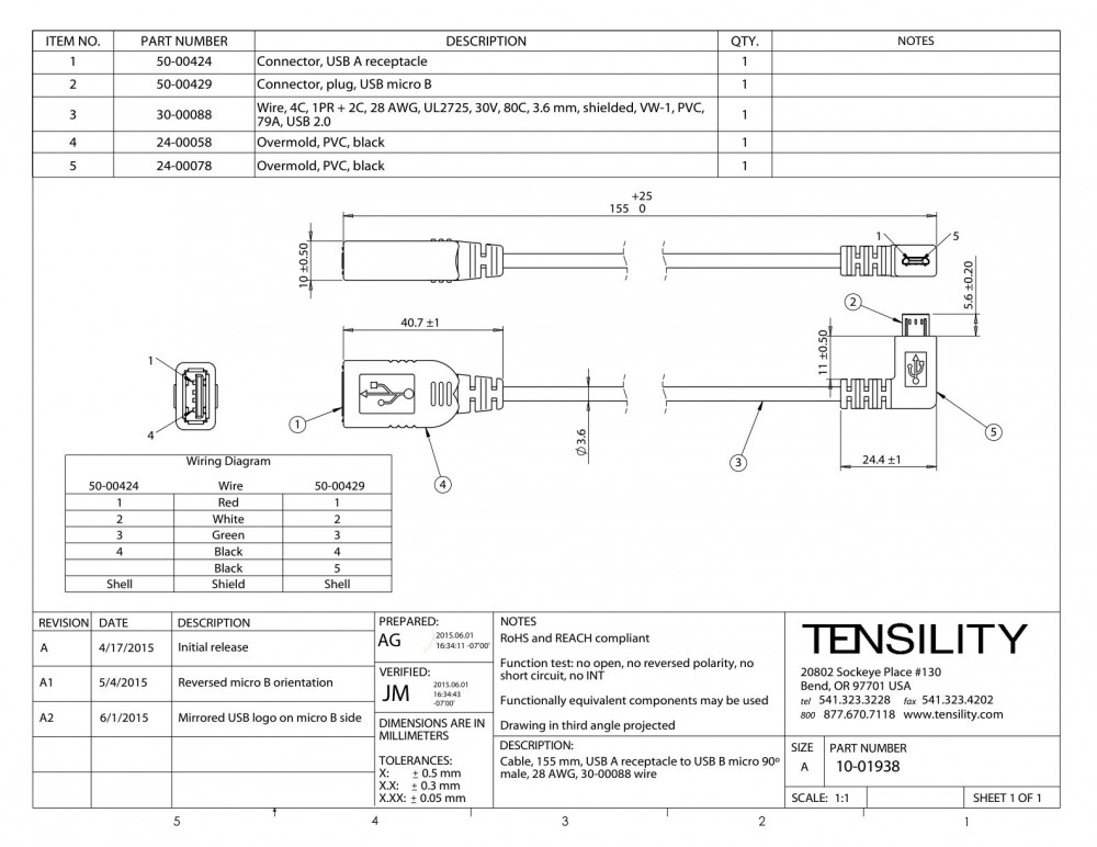 Tensility International drawing for USB cable assembly 10-01938
