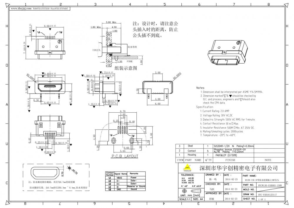 HOAUC HYCW130-USBD05-150B product drawing