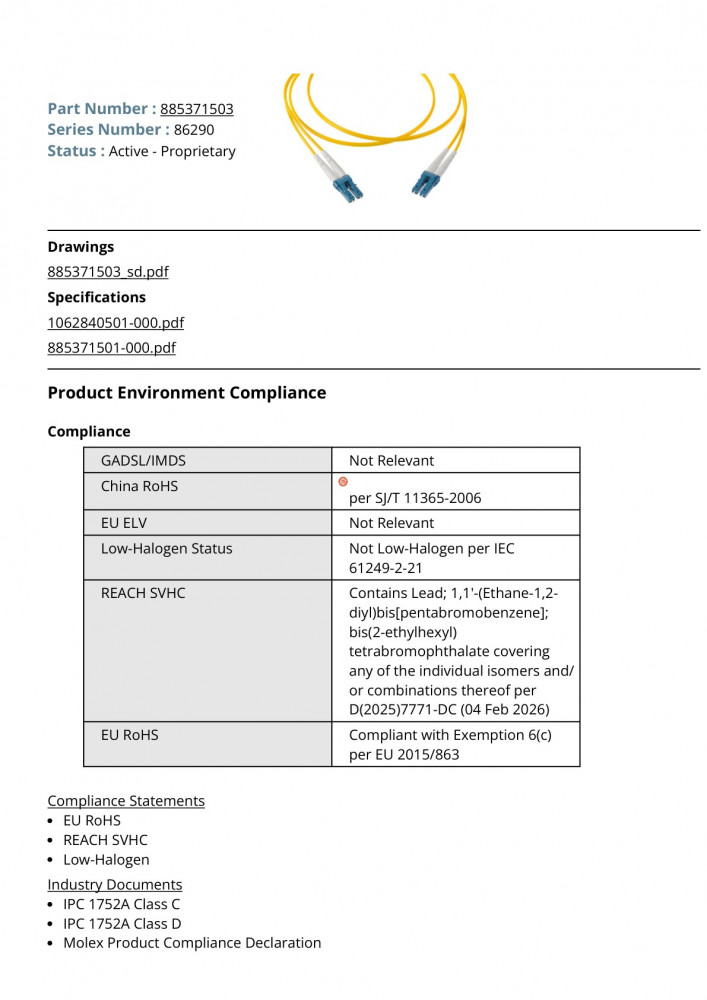 MOLEX 885371503 product document image, page 1