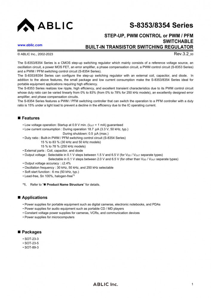 S-8353/8354 datasheet page 1