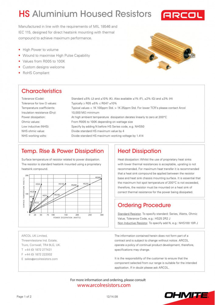 Arcol HS series datasheet page 1
