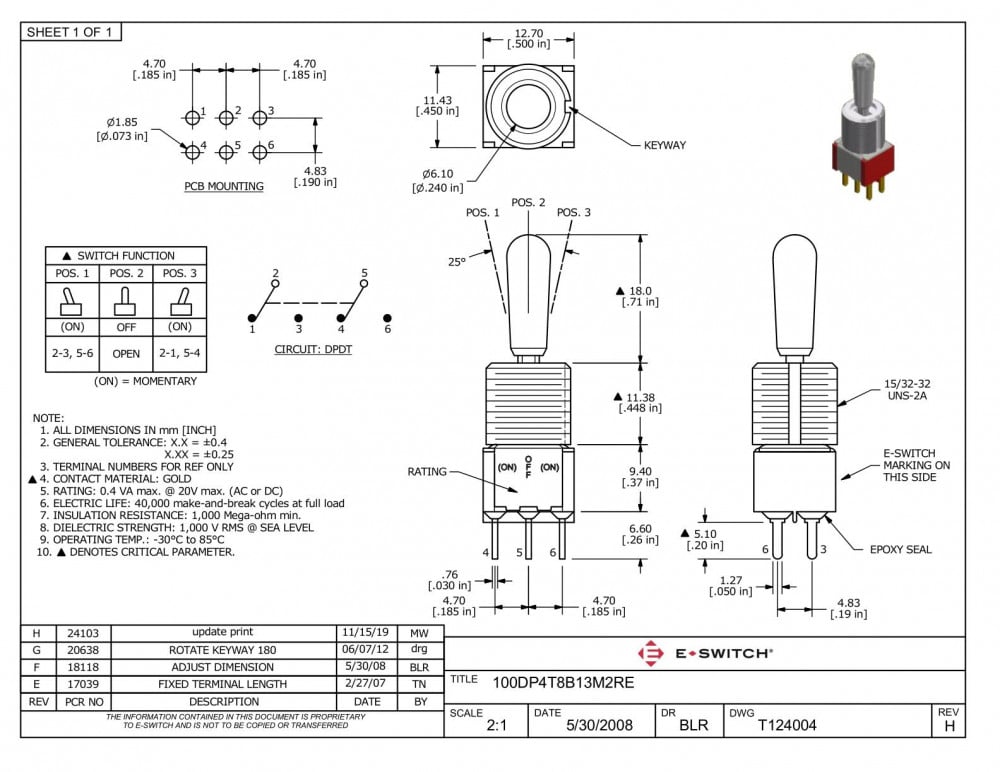 E-Switch 100DP4T8B13M2RE technical drawing