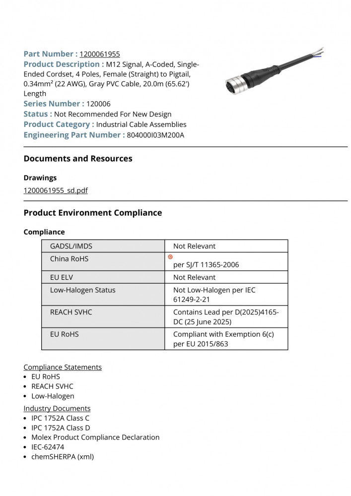 Molex M12 cordset product drawing, page 1