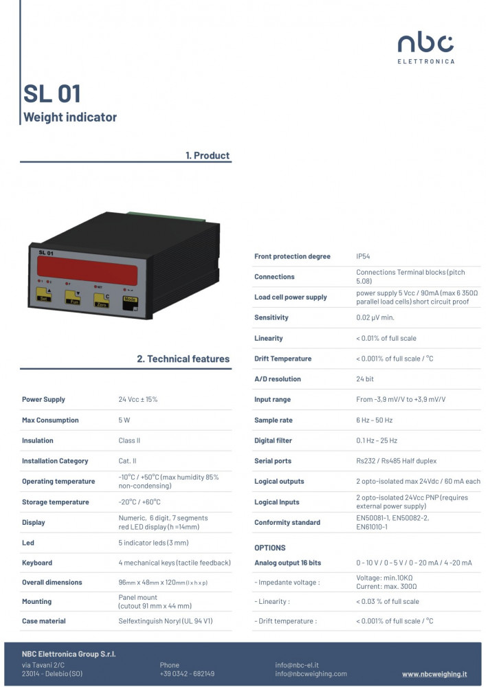 SL 01 product document, page 1