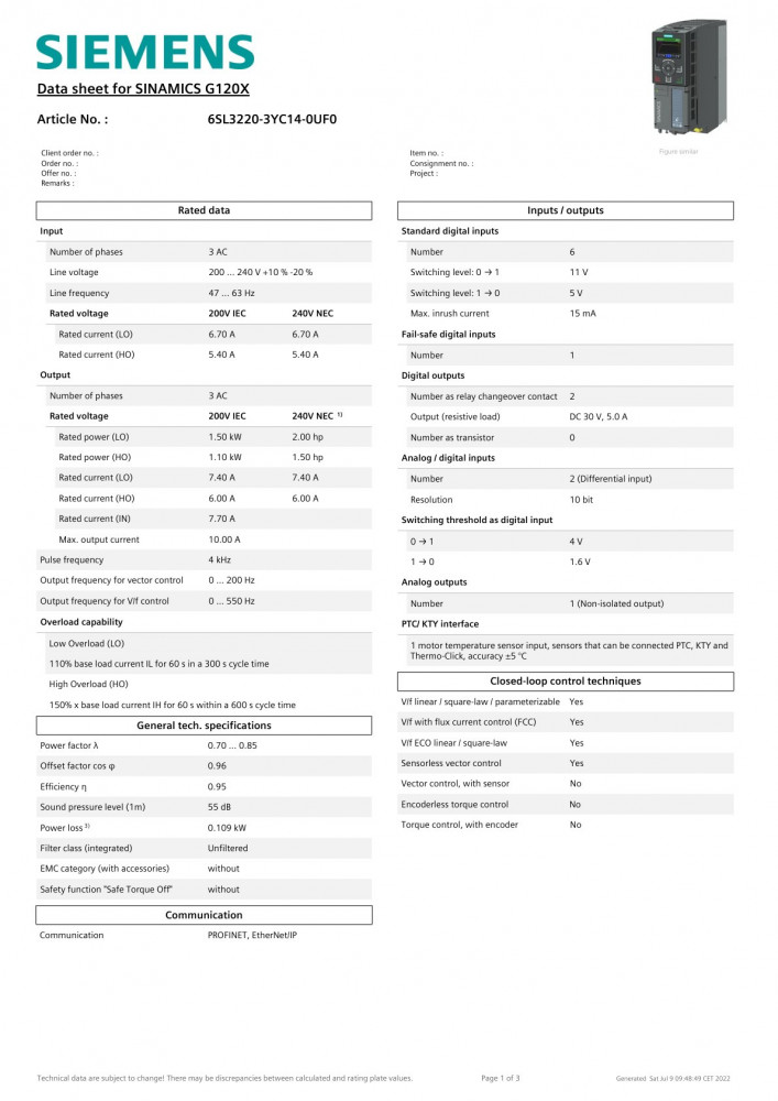 6SL32203YC140UF0 technical document page 1