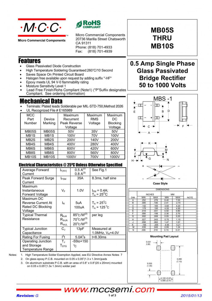 MCC MB2S series datasheet page 1