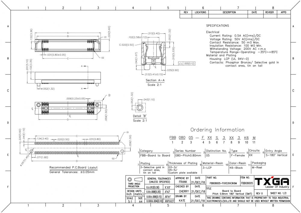 TXGA FBB08005 technical drawing page 1