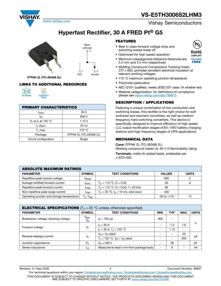 Vishay VS-E5TH3006S2LHM3 datasheet page 1