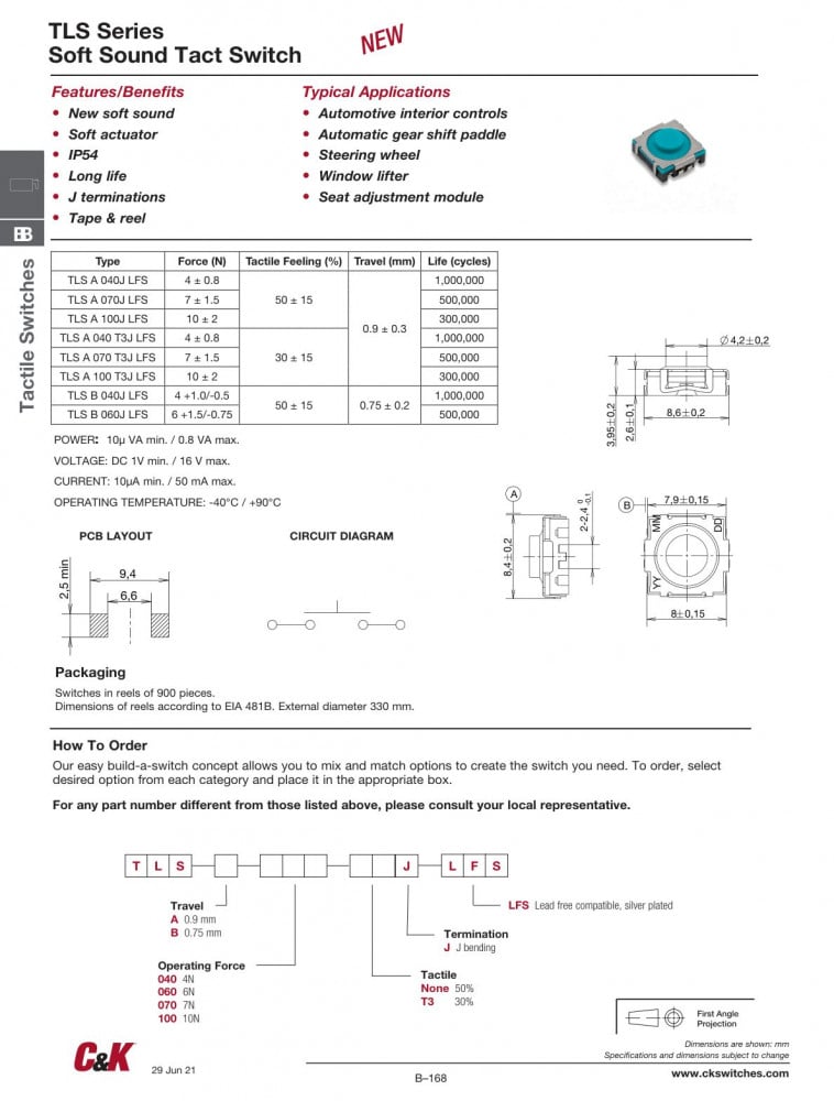 C&K TLS Series technical drawing and specifications