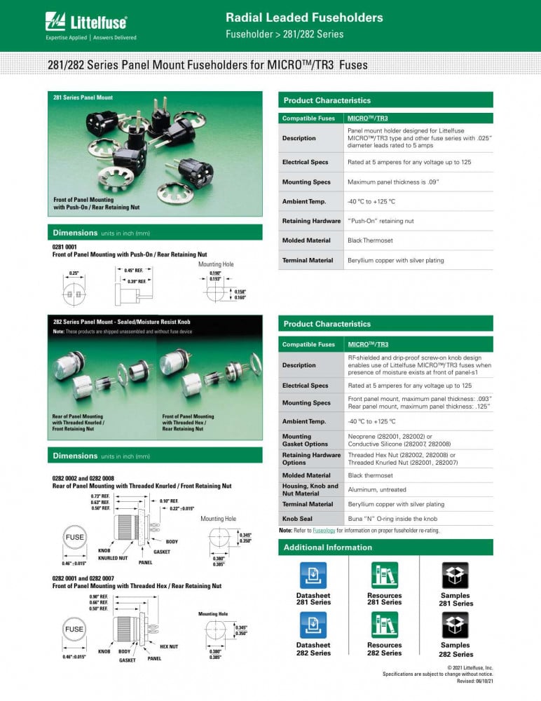 Littelfuse 281 and 282 Series fuseholder datasheet page 1