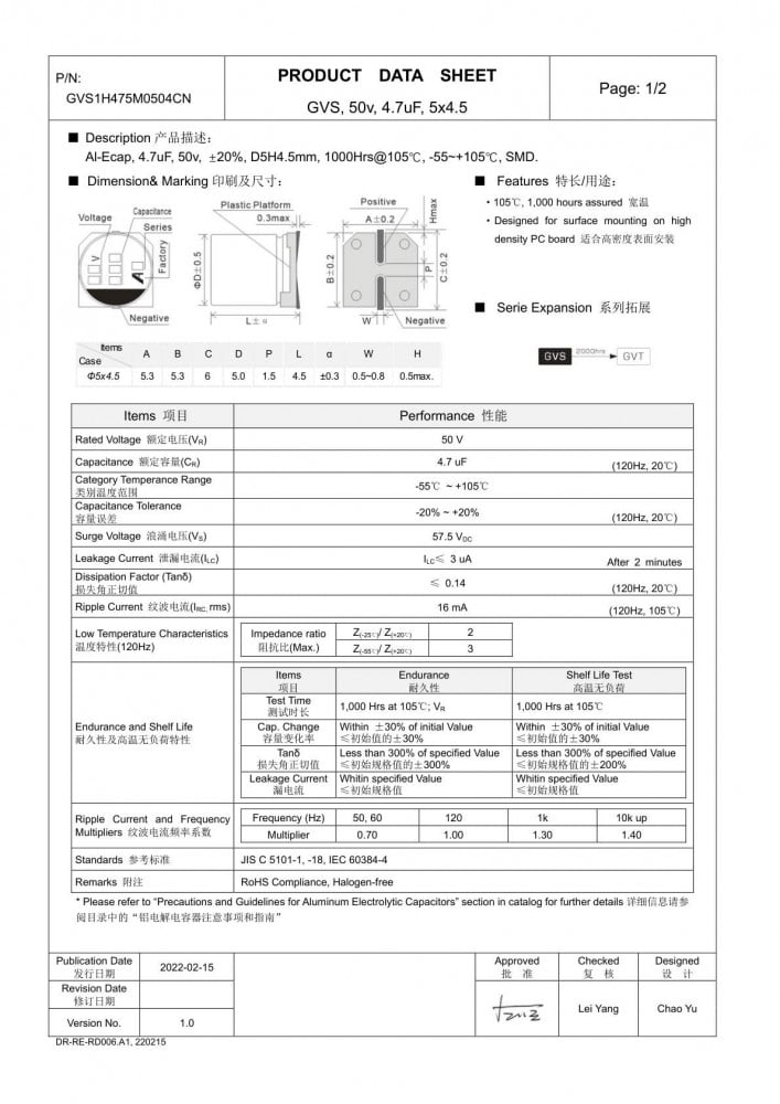 ACMECON GVS1H475M0504CN datasheet page 1