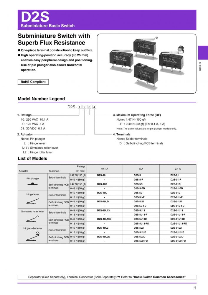 OMRON D2S-10LD datasheet page 1