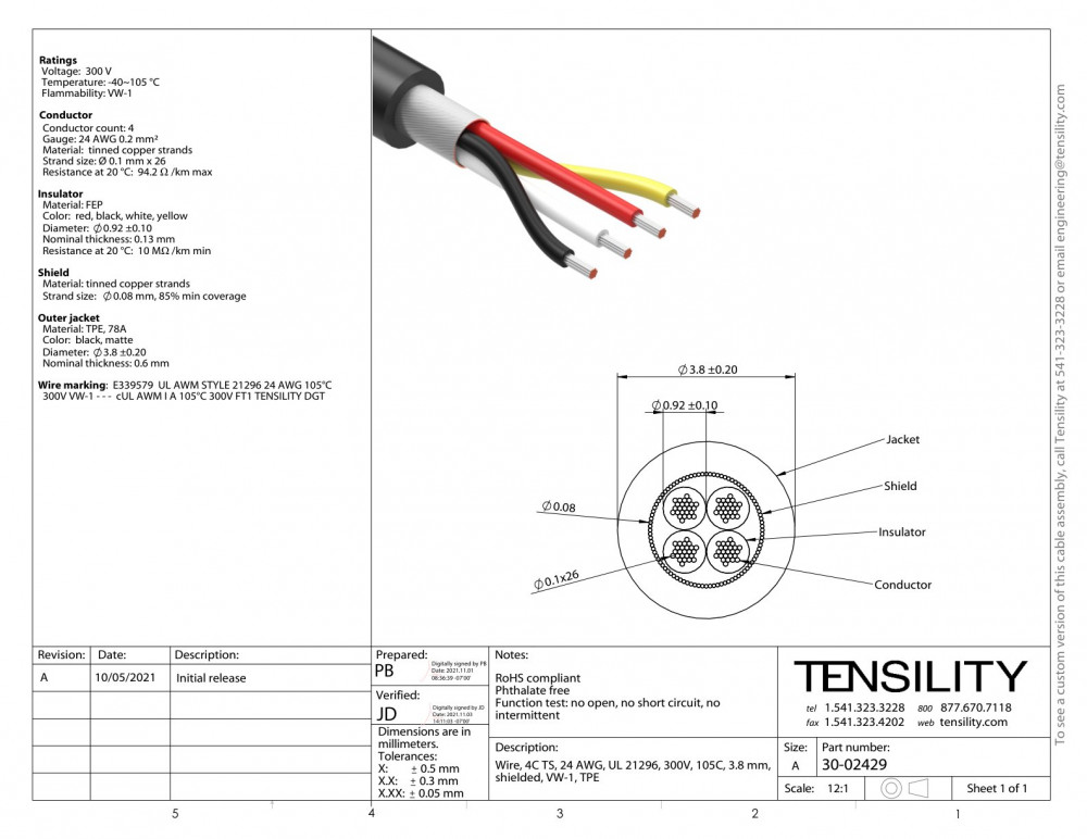 Tensility International 30-02429 shielded four-conductor cable product drawing