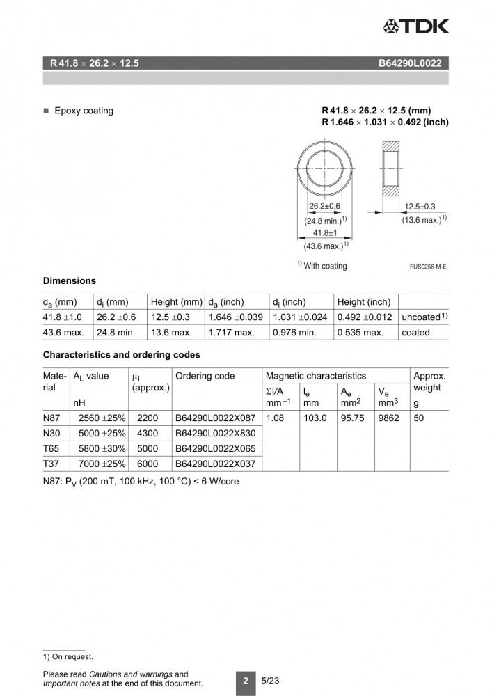 B64290L0022 ferrite toroid datasheet page 2