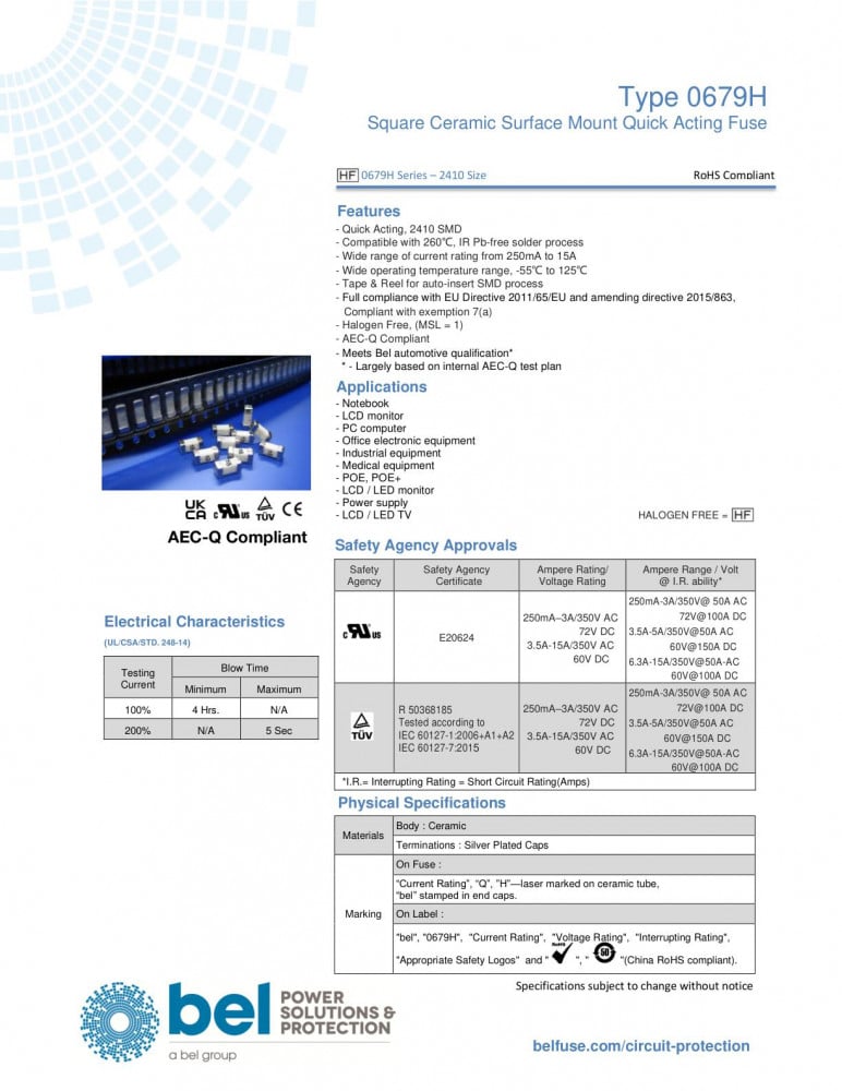 Bel Fuse 0679H series datasheet page 1