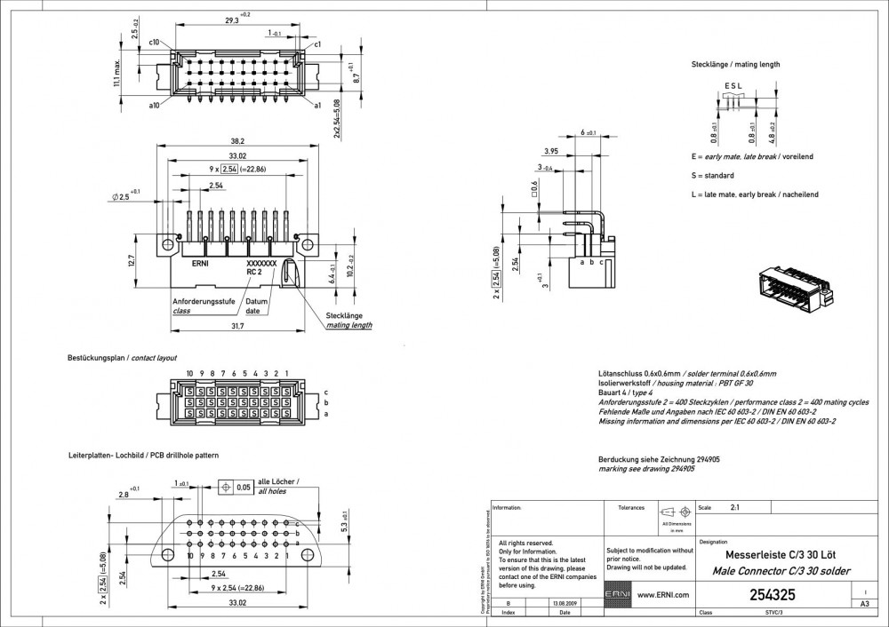 TE Connectivity ERNI 254325 connector technical drawing