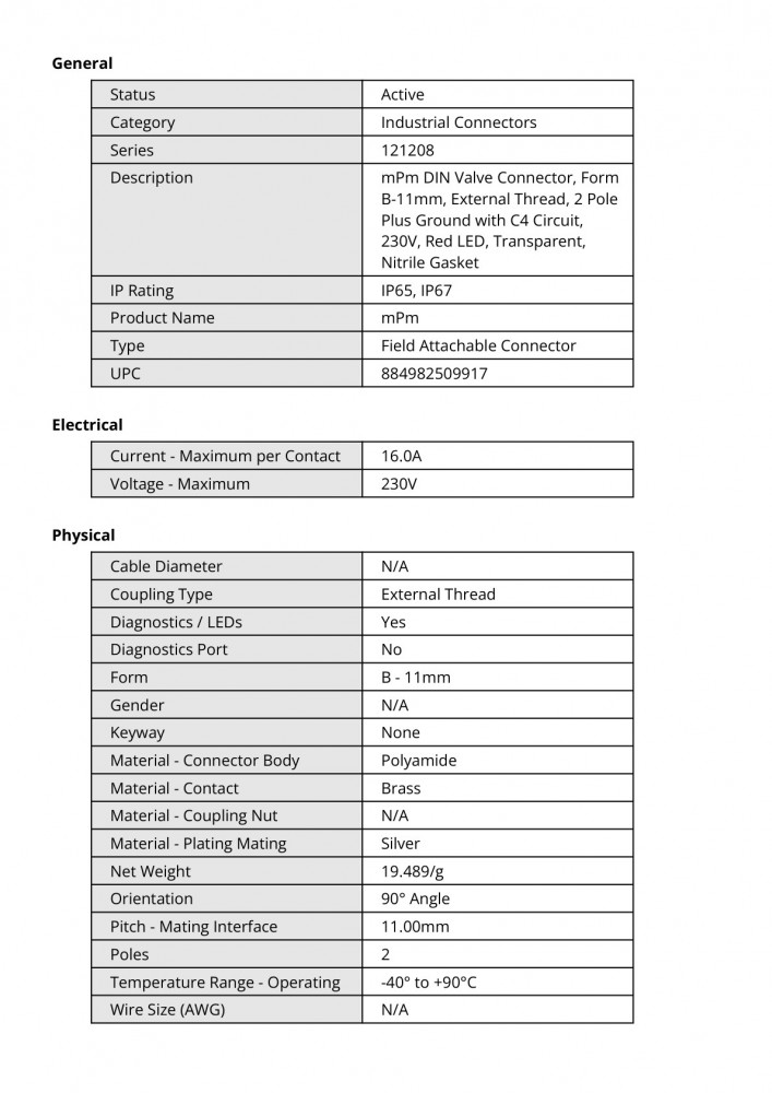DIN valve connector product specification preview, page 2