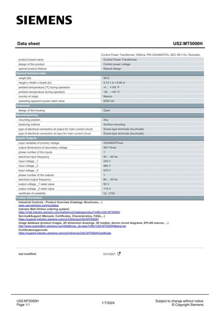 SIEMENS MT5000H technical document preview